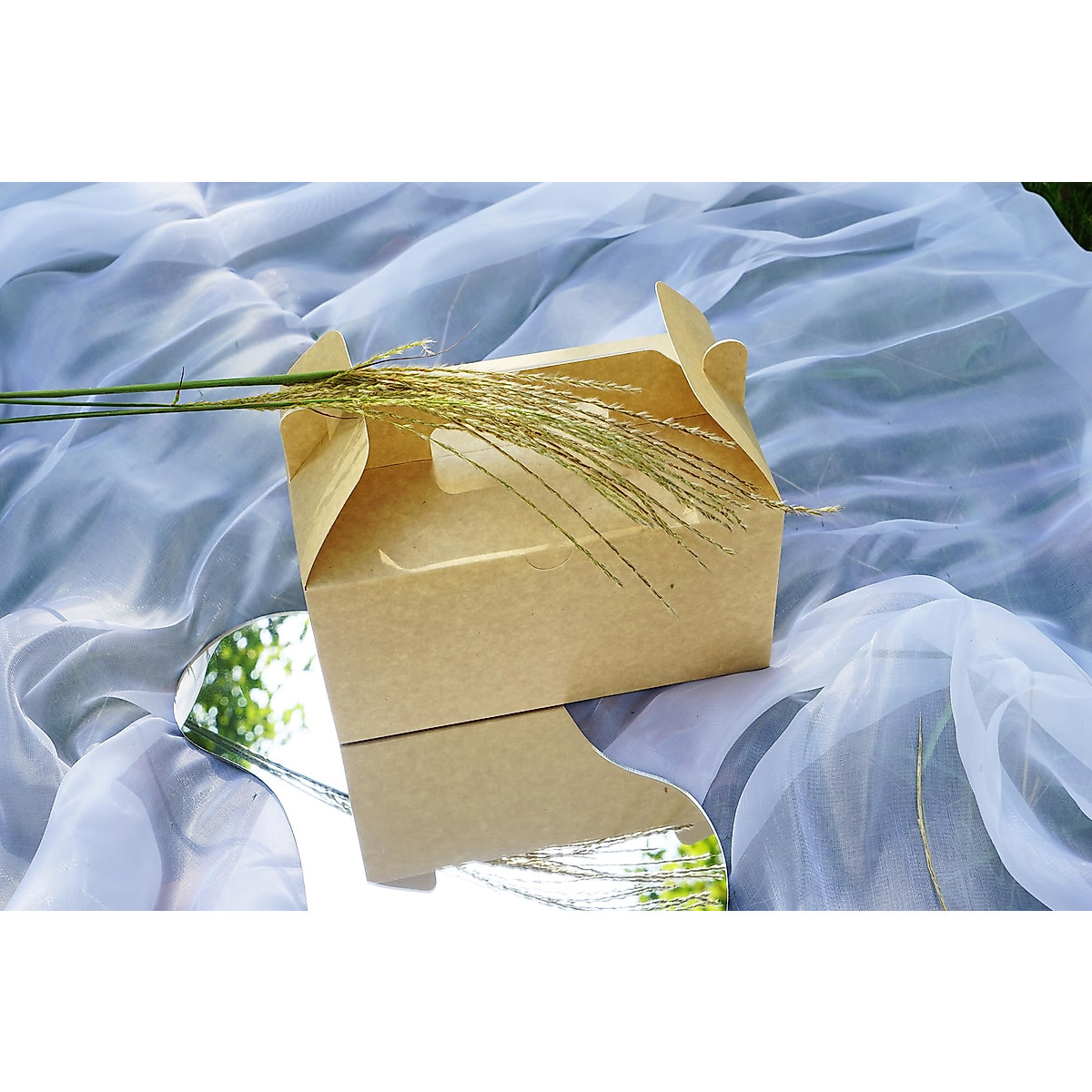 PandaPanda gable boxes (50 pcs) with handle (8.3 * 5.1 * 4.5 inches) for foods, gifts and party favors (100 oz) environment friendly