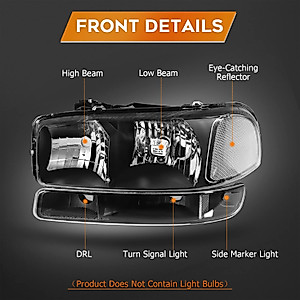 LBRST Headlight Assembly For GMC Sierra 1500 1999-2006 For GMC Sierra 1500 Classic 2007 Black Housing Clear Reflector Clear Lens Driver and Passenger Side Headlamp