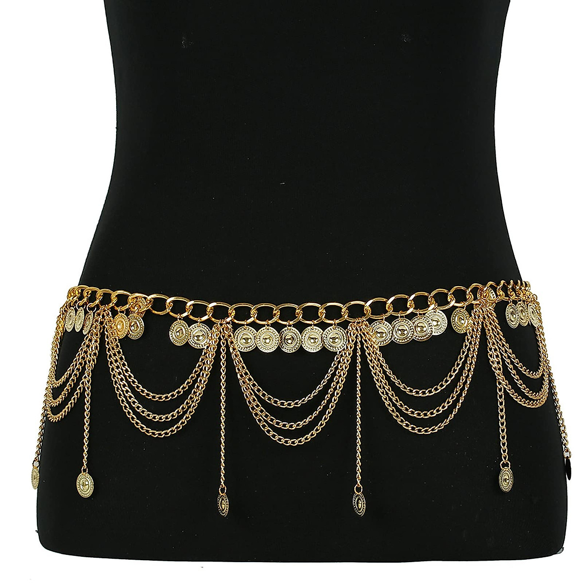 Gold Chain Belts for Women, Multilayer Alloy Coin Waist Chain Belt, Adjustable Golden Body Chains Long Tassel Pendant Belly Western Jewelry (Length 80+15cm)