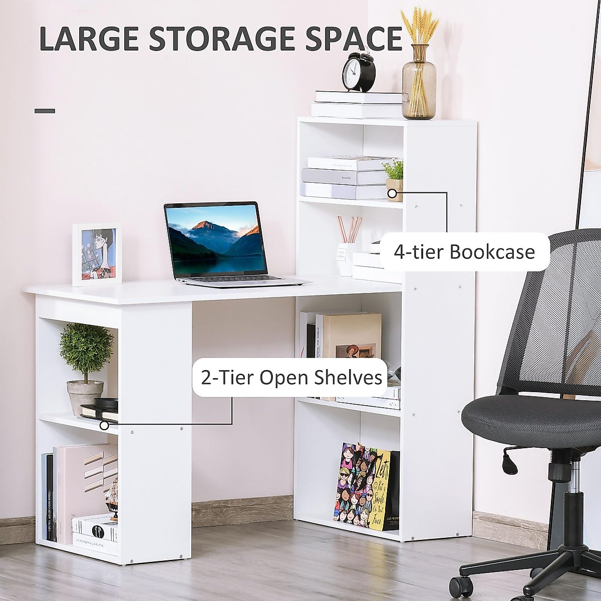 HOMCOM Modern Home Office Desk with 6-Tier Storage Shelves, 47" Writing Table with Bookshelf, White