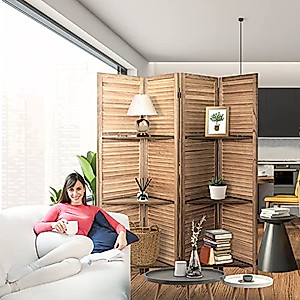 ECOMEX Room Divider 4 Panel, Wood Room Divider Screen,Freestanding Room Dividers and Folding Privacy Screens, Easy Move Partition Room Dividers, Temporary Wall Room Divider with Shelves (Brown)