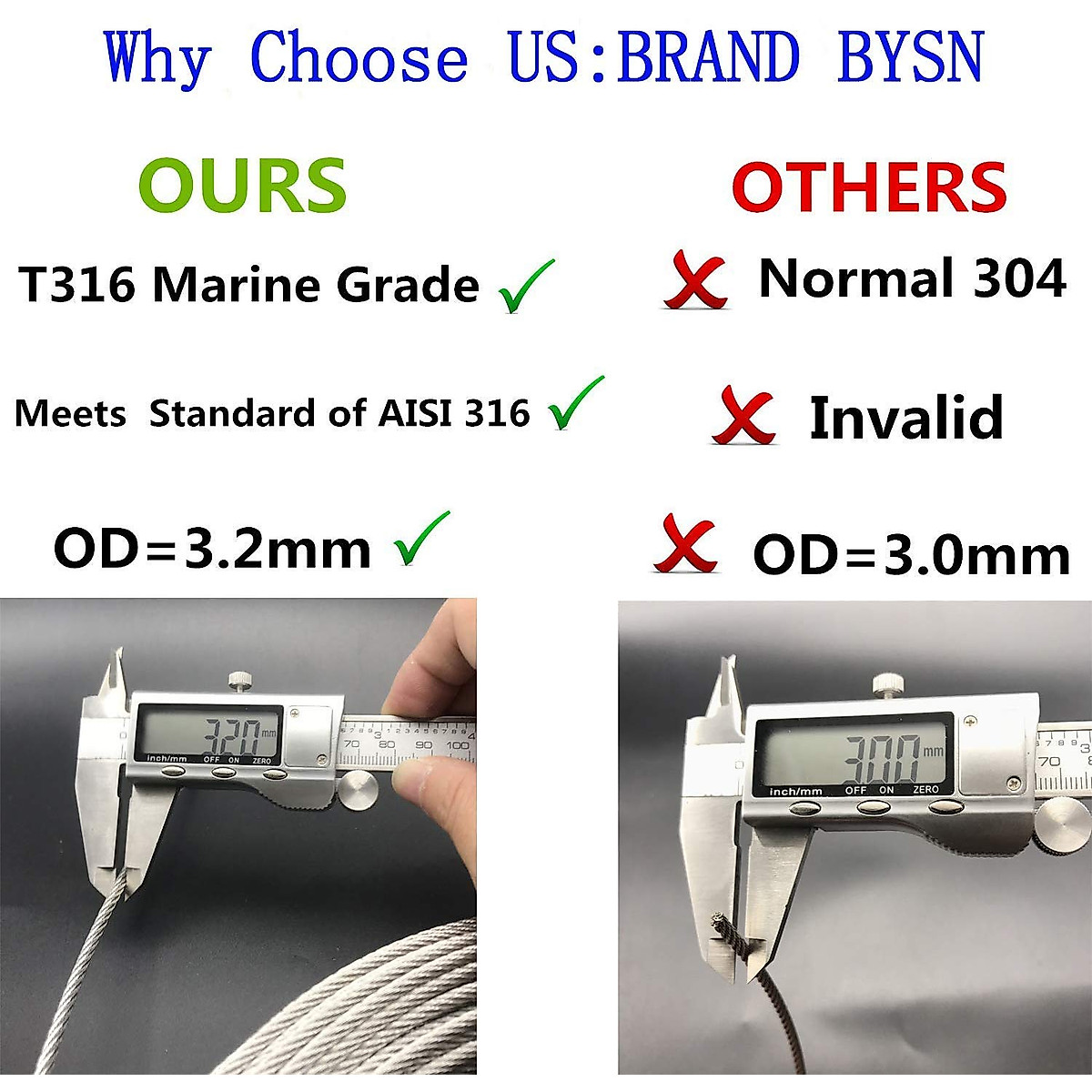 Bysn 1/8 T316 Stainless Steel Cable, Aircraft Cable for Deck Railing, 7 x 7 Strands Construction Braided Steel Cable, 500FT Wire Rope Cable for Railing