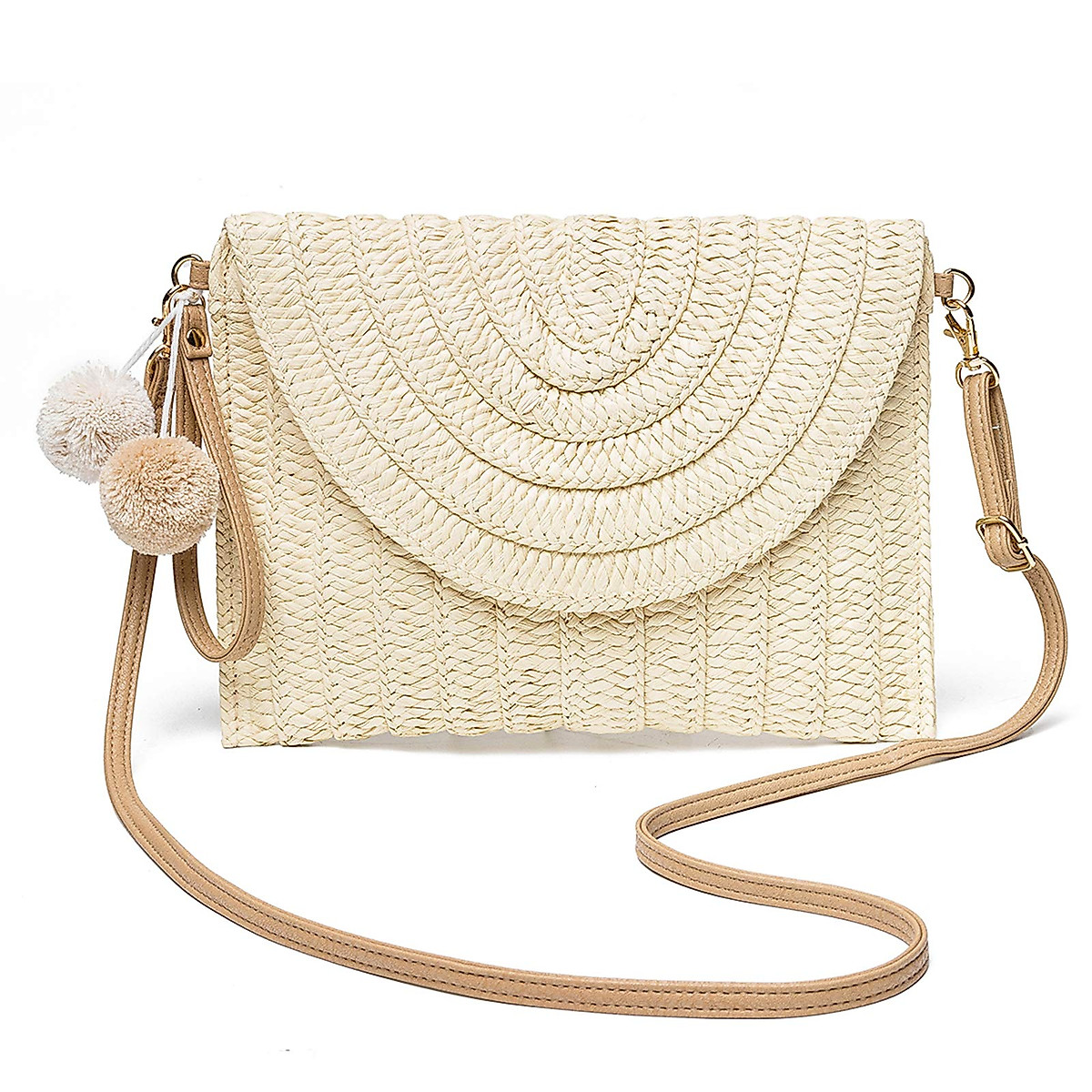 Kadell Straw Shoulder Bag, Straw Clutch Women Handmade Straw Bag Summer Beach Envelope Purse Wallet (Off-white)