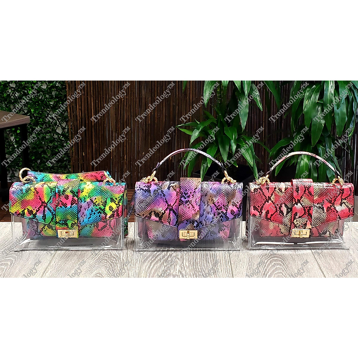 Multicolor Snake Print Pouch Clear Chain 2 Way Shoulder Bag Crossbody Stadium (1Medium Top-Handle Clear Satchel - Red Multi)