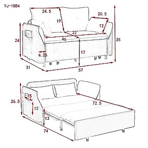 Verfur 3 in 1 Multi-Functional Futon Couch Pull Out Sleep, 2 Seater Convertible Loveseats Sofa with Adjustable Backrest,Comfy Upholstery Sofacama Sofabed, Blue White 57" Velvet w/ 4 Cushions