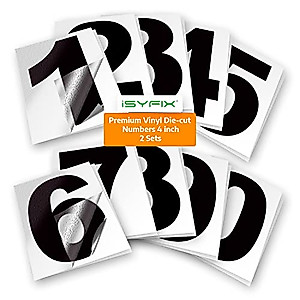 iSYFIX Black Vinyl Numbers Stickers - 4 Inch Self Adhesive (2 Sets) - Premium Decal Die Cut and Pre-Spaced for Mailbox, Signs, Window, Door, Cars, Trucks, Home, Business, Address Number, Indoor or Outdoor