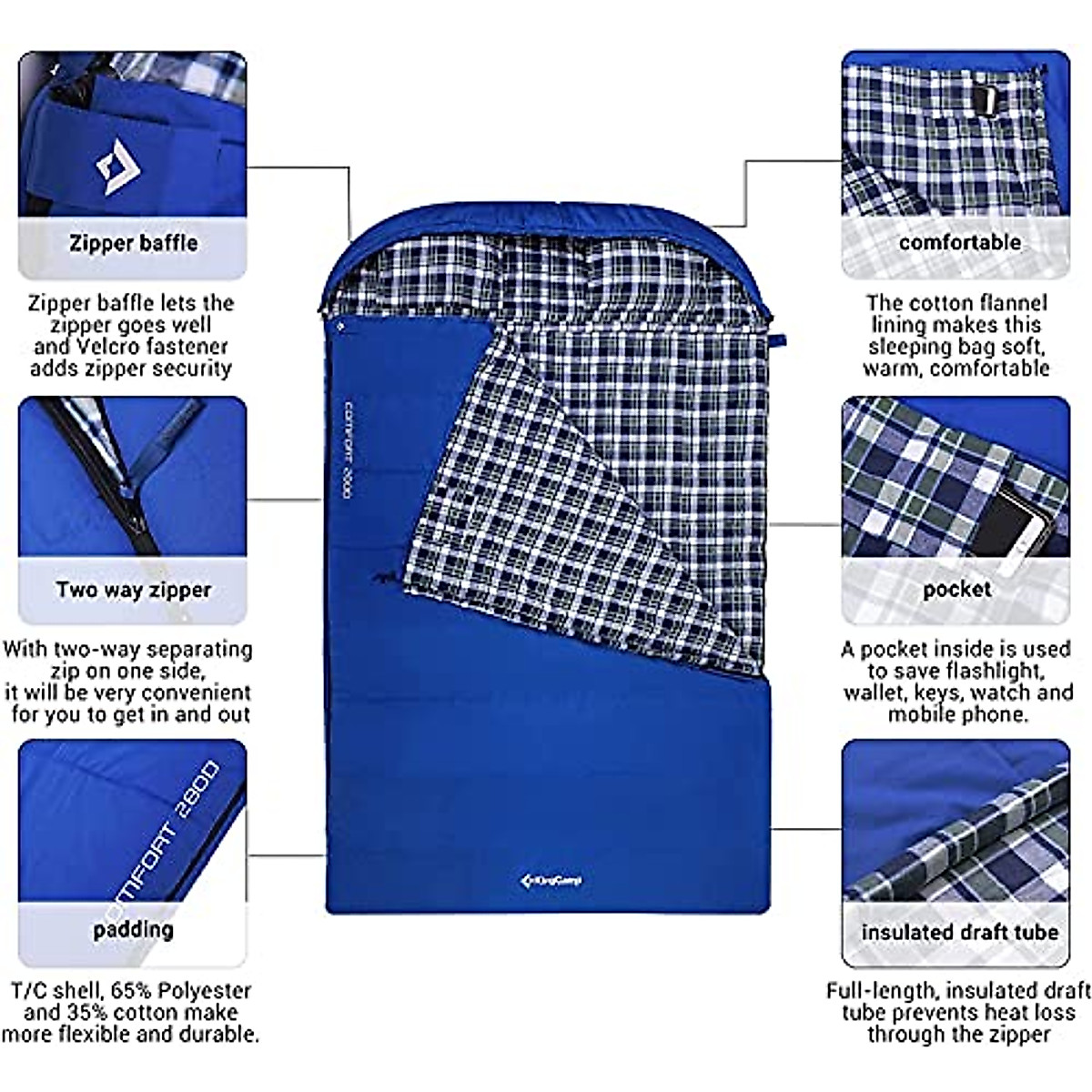 KingCamp Camping Double Sleeping Bags, 3 Season Cotton Flannel Lining Double Layer Sleeping Bag 2 Person Couple Waterproof Lightweight Backpacking Hiking Outdoors with Pillow and Carry Bag Queen Size