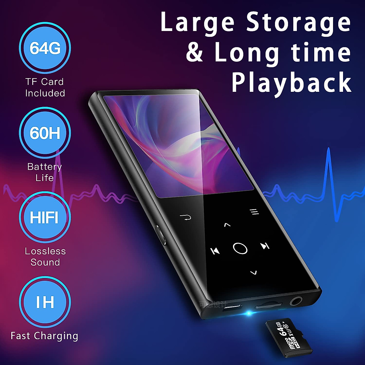 64GB MP3 Player with Bluetooth 5.0, AiMoonsa Music Player with Built-in HD Speaker, FM Radio, Voice Recorder, HiFi Sound, E-Book Function, Earphones Included