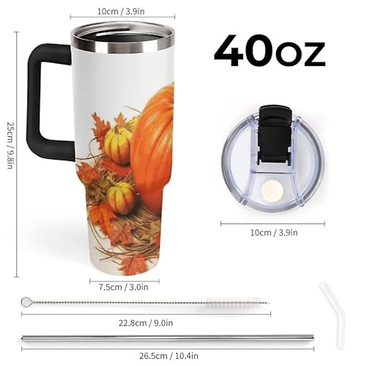 LLUTSNTH 40 Oz Vacuum Tumbler with Black Handle Leakproof Insulated Tumbler Fall Pumpkin Stainless Steel Travel Mug with Lid And Straw Coffee Cup Cute Water Bottles Cup Holder Friendly