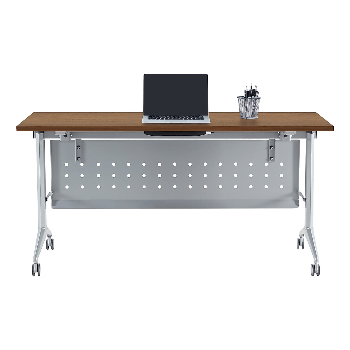 WorkPro® AnyPlace Flip-Top Nesting Training Table With Modesty Panel, 60"W x 29-1/2"H x 24"D, Walnut/Silver
