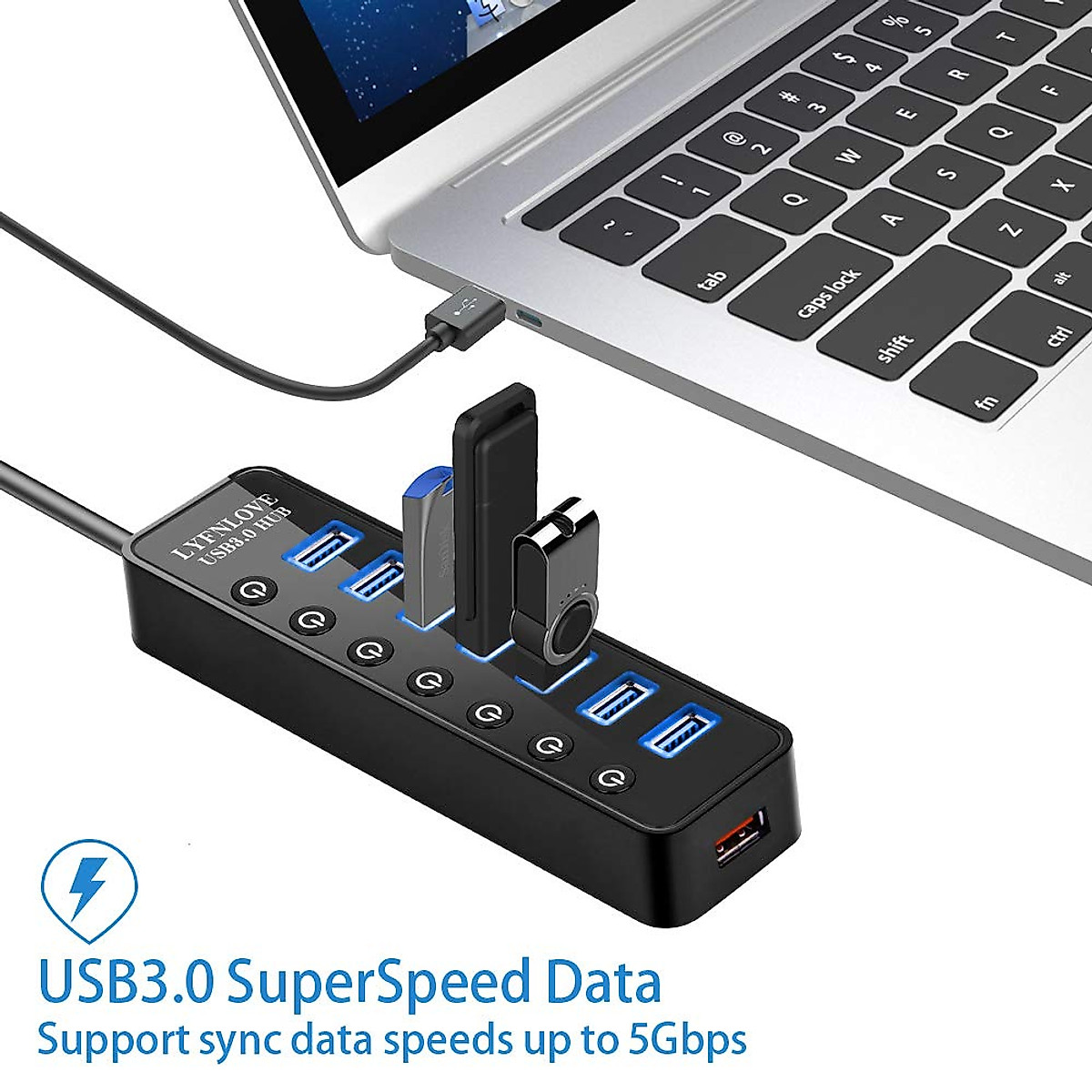 USB Hub 3.0 Powered, LYFNLOVE USB Extender Multiple USB Port USB Hub Splitter for Laptop PC with Power Adapter and 1 Charging Port, USB Expander with On/Off Switches for MacBook, iMac, Surface Pro