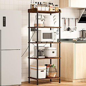 HOOBRO Kitchen Bakers Rack with Power Outlet, 5-Tier Free Standing Kitchen Storage Shelf Rack, Microwave Stand with 4 S-Shaped Hooks, Rustic Brown and Black BF55UHB01