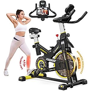 pooboo Indoor Cycling Bike, Belt Drive Indoor Exercise Bike Stationary LCD Monitor with Ipad Mount ＆Comfortable Seat Cushion for Home Cardio Workout Cycle Bike Training