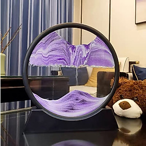 ANXUS Moving Sand Art Picture in Motion Round Glass 3D Deep Sea Sandscape Display Flowing Sand Frame, Sensory Relaxing Desktop Home Office Work Desk Decor(7", Purple)