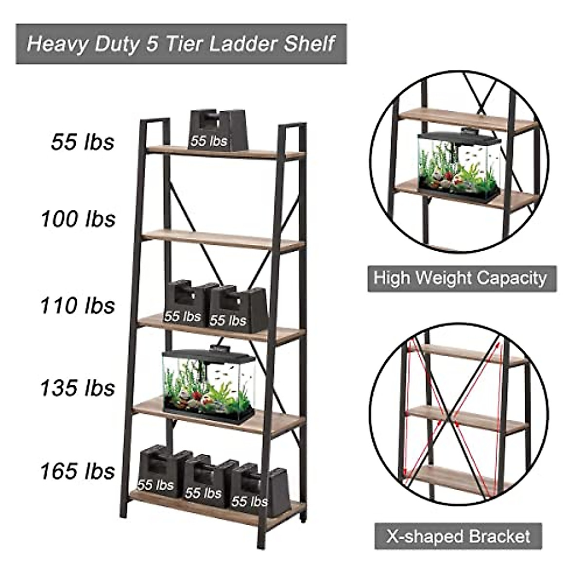 BON AUGURE Rustic Ladder Bookshelf Bookcase, Industrial 5 Tier Ladder Shelf Shelving Unit, Wood and Metal Leaning Shelves for Living Room (Vintage Oak)