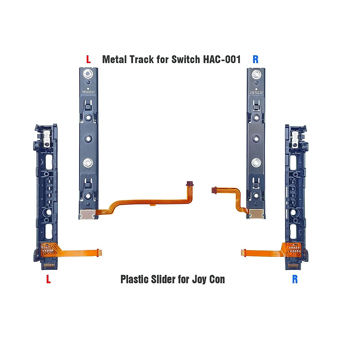 ElecGear Slide Rail Replacement for Nintendo Switch and Joy Con Controller, Left and Right Metal Track for Console and Plastic Slider Bar for Joy-con with Flex Cable Connector Repair Part Assembly