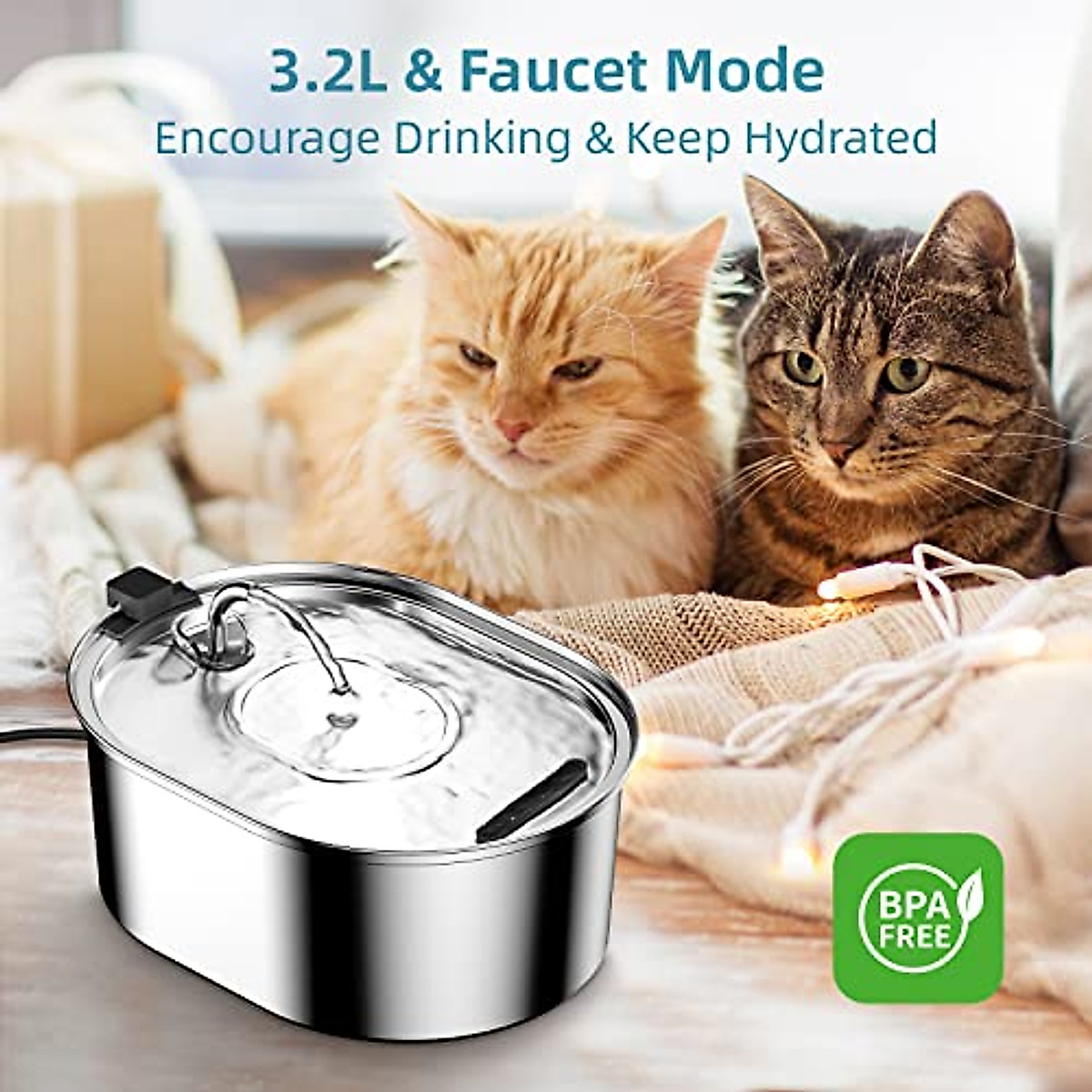 Cat Water Fountain Stainless Steel - Water Fountain for Cats Inside with Ultra-Quiet Pump, 3.2L/108oz Cat Fountains for Drinking, Automatic Cat Fountain Water Bowl for Multiple Pets