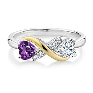 925 Silver and 10K Yellow Gold Purple Amethyst and Moissanite From Charles & Colvard Women Ring (0.96 Cttw, Heart Shape 5MM, Gemstone Birthstone, Available In Size 5, 6, 7, 8, 9)