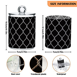 2 PACK Black Mesh Qtip Holder Dispenser for Cotton Ball, Cotton Swab, Cotton Round Pads, Floss Picks - Plastic Apothecary Jar Set for Bathroom Canister Storage Organization