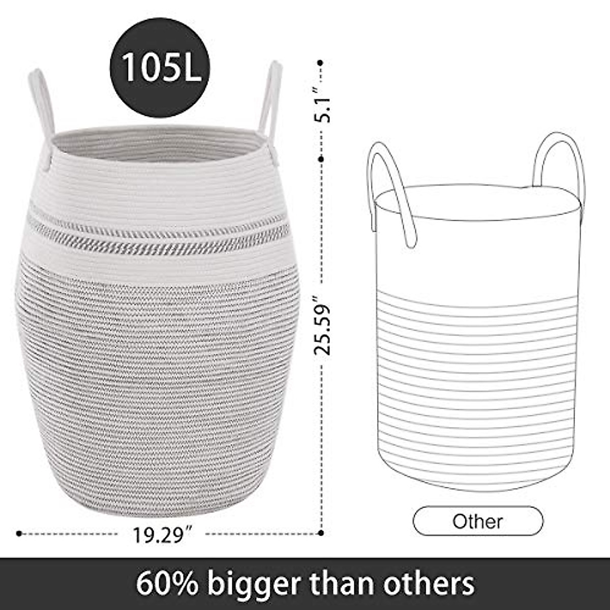 Fiona's magic Extra Large Laundry Hamper Basket, 105L Woven Tall Clothes Hamper with Long Handle for Storage Blanket, Toys and Dirty Cothes in Bedroom and Living Room, Christmas Gift, White