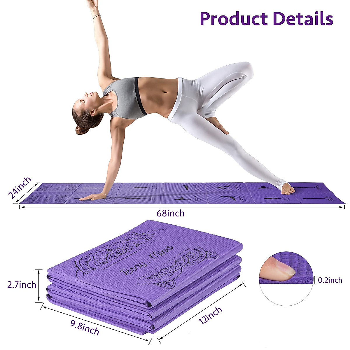 Foldable Yoga Mat for Women, Non Slip Exercise Mat for Home Gym, 5mm Travel Yoga Mats Set With Stretch Strap for Yoga Pilates and Fitness, 68"L x 24"W x 0.2 Inch Thick