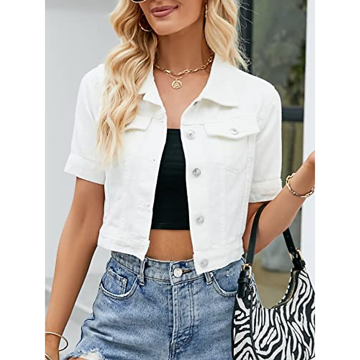 Ladyful Womens Cropped Denim Jacket Short Sleeve Button Down Casual Distressed Jean Jacket Outerwear