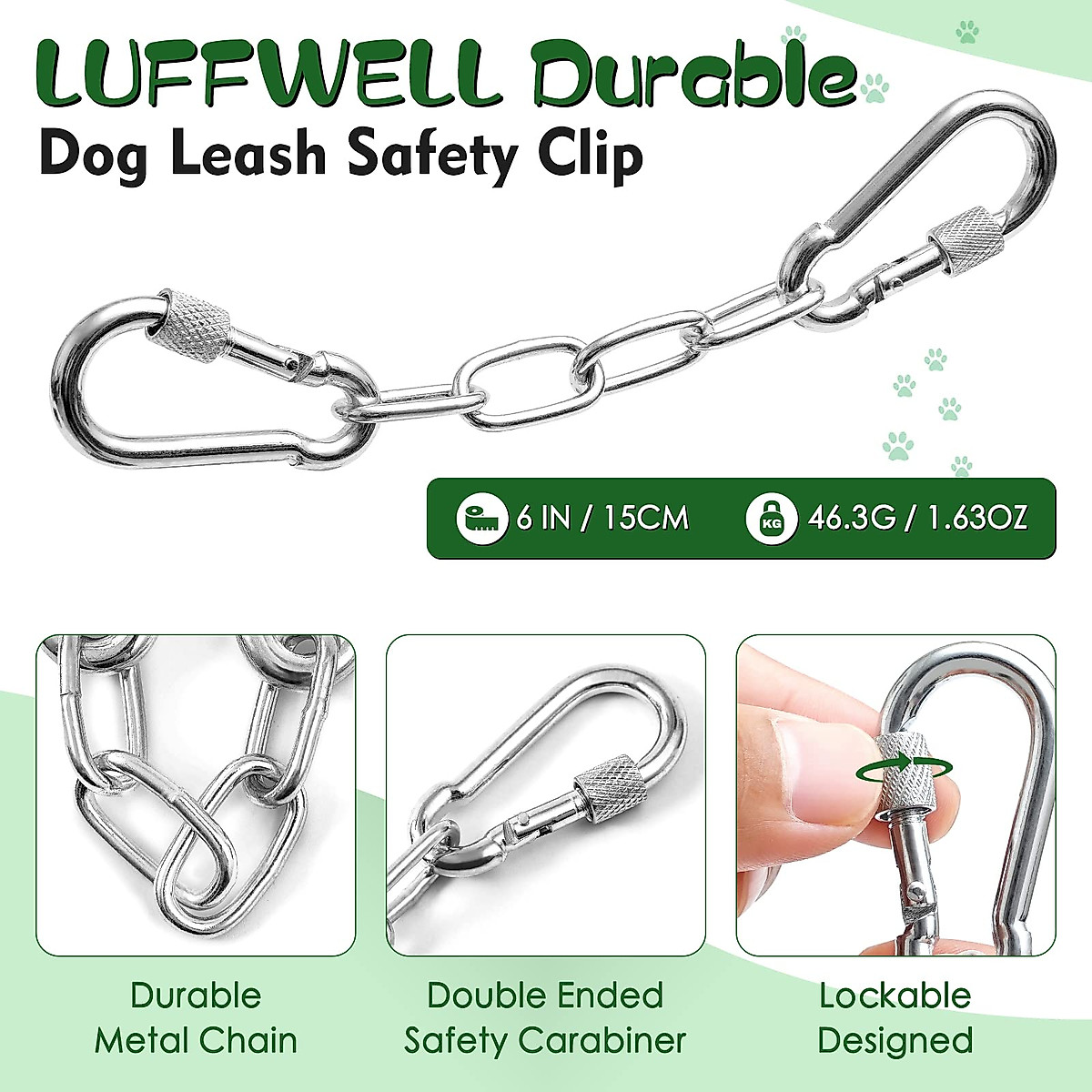 Dog Collar Backup Clip, Chew Proof Double Ended Backup Metal Safety Clasp Pet Dog Leash Connector, Heavy Duty Chain Safety Clip for Prong Collar, Dog Harness, Pinch Collar, Gentle Lead with Carabiner