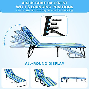 GYMAX Tanning Chair, 350lbs Beach Lounge Chair with Face Hole, Washable Pillow & Carry Strap, Adjustable Folding Chaise Lounge, Layout Chair for Outside, Patio, Poolside, Lawn (1, Stripe)