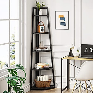 Tribesigns 5 Tier Corner Bookshelf and Bookcase, 70 inch Tall Corner Shelves Rustic Corner Ladder Shelf Indoor Plant Stand for Living Room, Kitchen, Home Office (Black)