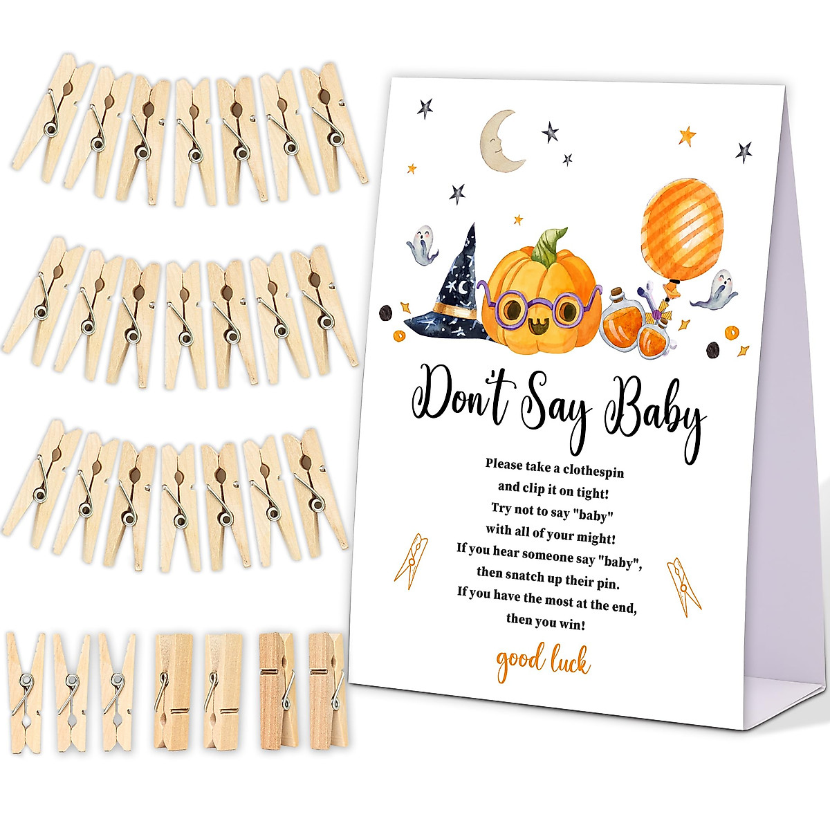 Don't Say Baby Clothespin Game, Halloween Baby Shower Game, One 5x7 Sign and 50 Mini Natural Clothespins, Gender Neutral, A Little Boo Baby Shower Decoration - MJZ57
