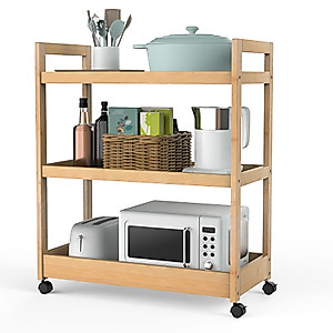 Purbambo Kitchen Storage Cart on Wheels, 3 Tier Bamboo Rolling Cart, Mobile Utility Cart for Home, Kitchen, Dining Room, Coffee Bar