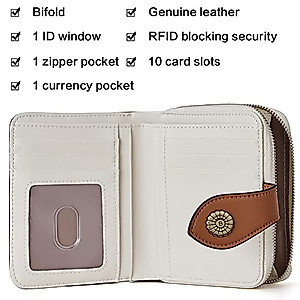 BOSTANTEN Leather Wallets for Women RFID Blocking Zipper Pocket Small Bifold Wallet Card Case White