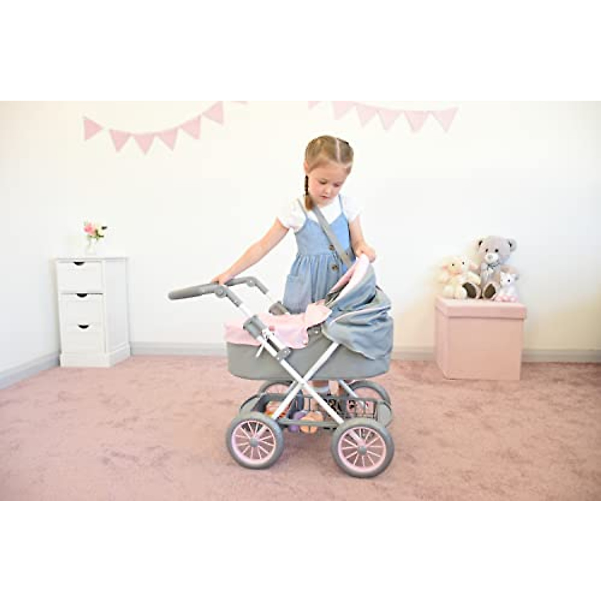 KOOKAMUNGA KIDS Baby Doll Stroller - Foldable Baby Stroller for Dolls - Play Stroller & Bassinet w/Retractable Canopy - Diaper Bag - Adjustable Soft Grip Handle - Ideal for 16” 18” & 20” Dolls