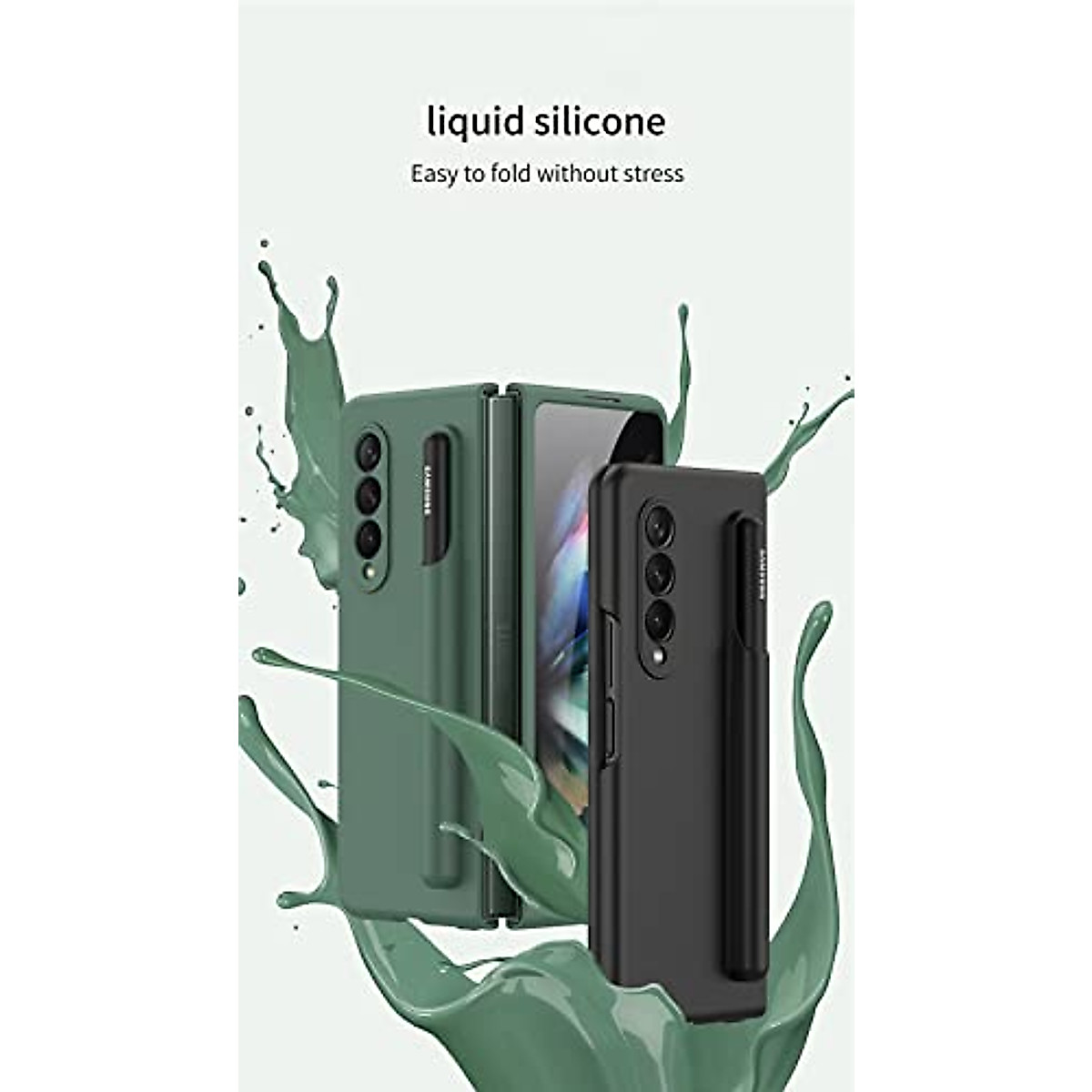 BAILI Z Fold 3 Case with Pen Holder,Liquid Silicone Shockproof Protective Galaxy Z Fold 3 Case Cover, Silky and Soft Touch, Slide Rail Type Removable Pen Cover for Samsung Z Fold 3 Case-Cool Black