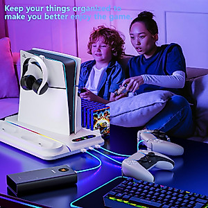 PS5 Pro Stand,PS 5 Cooling Station with Dual PS5 Controller Charger 3 Level Fan ,3 USB Hub Fast Charge drive 9 RGB Light hard ps5 Slim Stand for All Disc & Digital Console Playstation Vita Upgraded