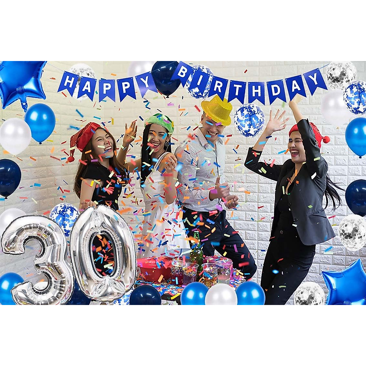 30th Birthday Party Decoration Blue Silver for Men, Happy Birthday Banner Number 30 Birthday Star Foil Balloons Latex Confetti Balloons for Men Him Boyfriends Husband 30 Years Old Birthday(30th)