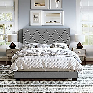 Boyd Sleep Diamond Upholstered Platform Bed Frame with Headboard, Mattress Foundation Required: Linen, Grey, King