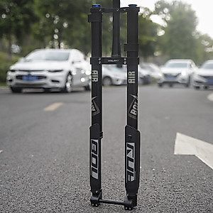 BOLANY Downhill Mountain Bike Air Suspension Front Fork Double Shoulder Inverted Aluminum Alloy Thru-Axle Boost Spacing 15 * 110mm Fork Fit for Disc Brake 26/27.5/29 Inch Tire (Tapered Steerer)