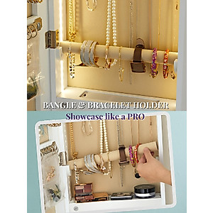 LUXFURNI Mirror with Storage, Jewelry Cabinet Armoire, Door/Wall Mounted LED Jewelry Organizer, Interior Mirror, Lockable, White