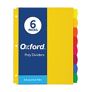Oxford Plastic Binder Dividers, 8 Tab, Insertable Multicolor Tabs, Letter Size, 6 Sets (89601)
