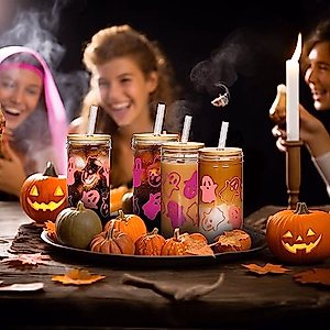 ANOTION Halloween Cups, 24oz Halloween Mason Jar with Lid and Straw Tumbler Iced Coffee Cups Halloween Decor Cookie Jar Glasses Halloween Glassware Drinking Water Bottles Halloween Decorations Indoor