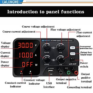 LWLONGWEI DC Power Supply Variable,30V 10A Adjustable Switching Regulated DC Bench Power Supply with 4-Digits LED Power Display 5V/2A USB Output, Coarse and Fine Adjustments Black