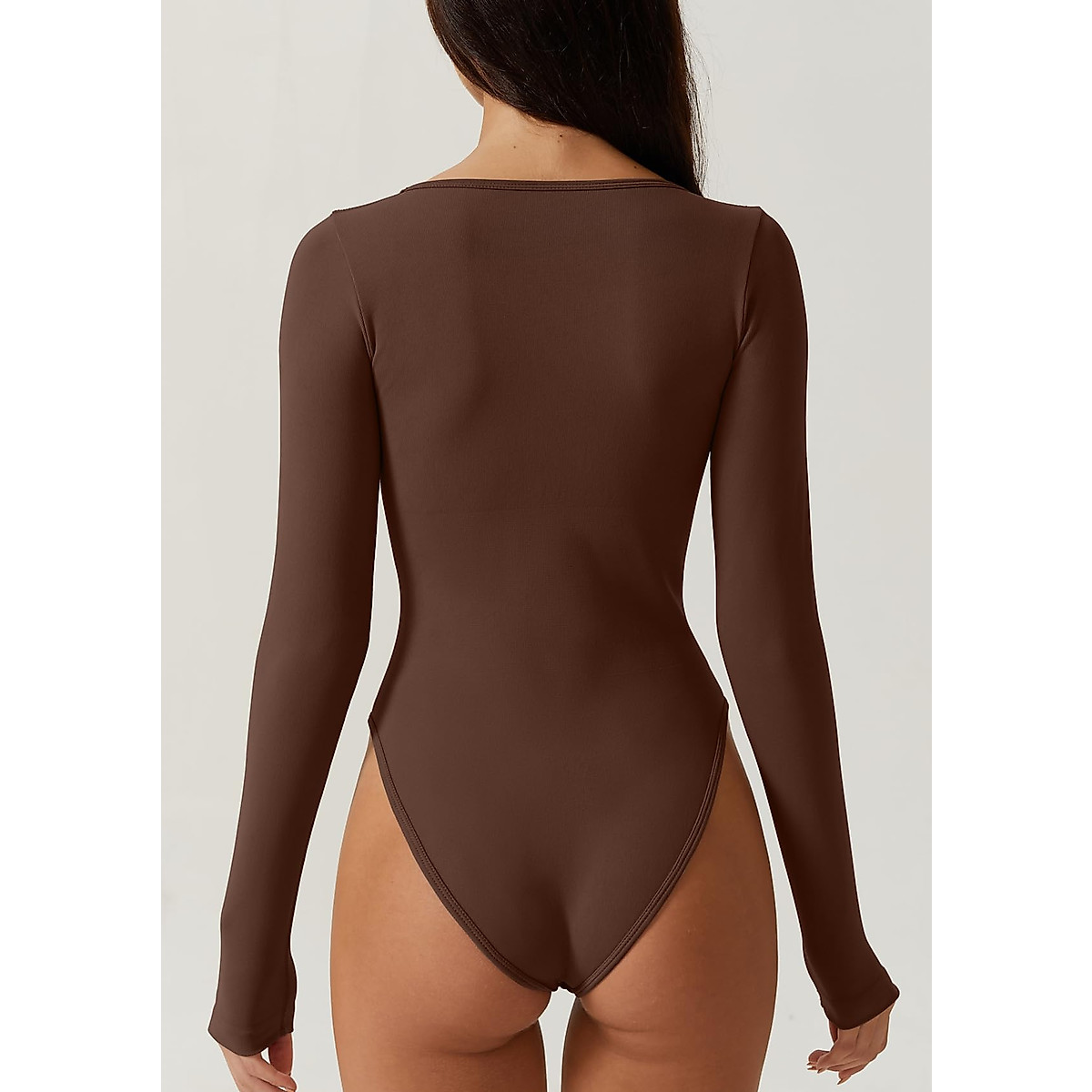 QINSEN Woman's Thick Long Sleeve Slimming Fit One Piece Bodysuit for Fall Winter Brown M
