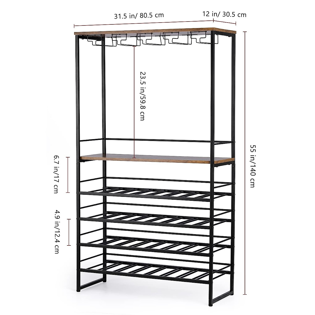 6-Tier Industrial Freestanding Wine Rack with Glass Holder & Wine Storage, Wine Bakers Rack, Multi-Function Coffee Home Bar Furniture for Kitchen Dining Room,55" Tall Rustic Brown