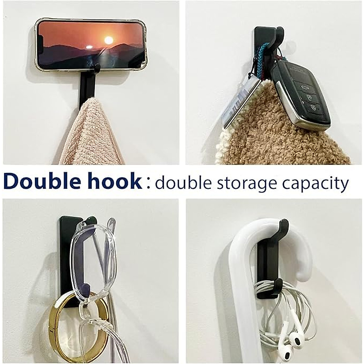 Josmimic 6-Pack Adhesive Towel Hooks: Heavy Duty 10LB Wall Hooks, for Coat/Robe Stick on Bathroom, Black, Stainless