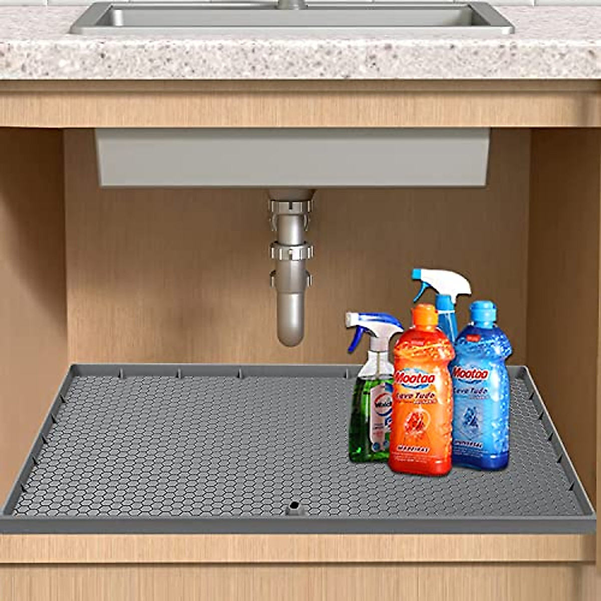 Under Sink Mat, Kitchen Waterproof Cabinet Liner 34" x 22" Flexible Silicone Under Sink Liner, Sink Mats for Bottom of Kitchen Sink Liner Drip Tray with Drain Hole, Kitchen Bathroom Cabinet Mat
