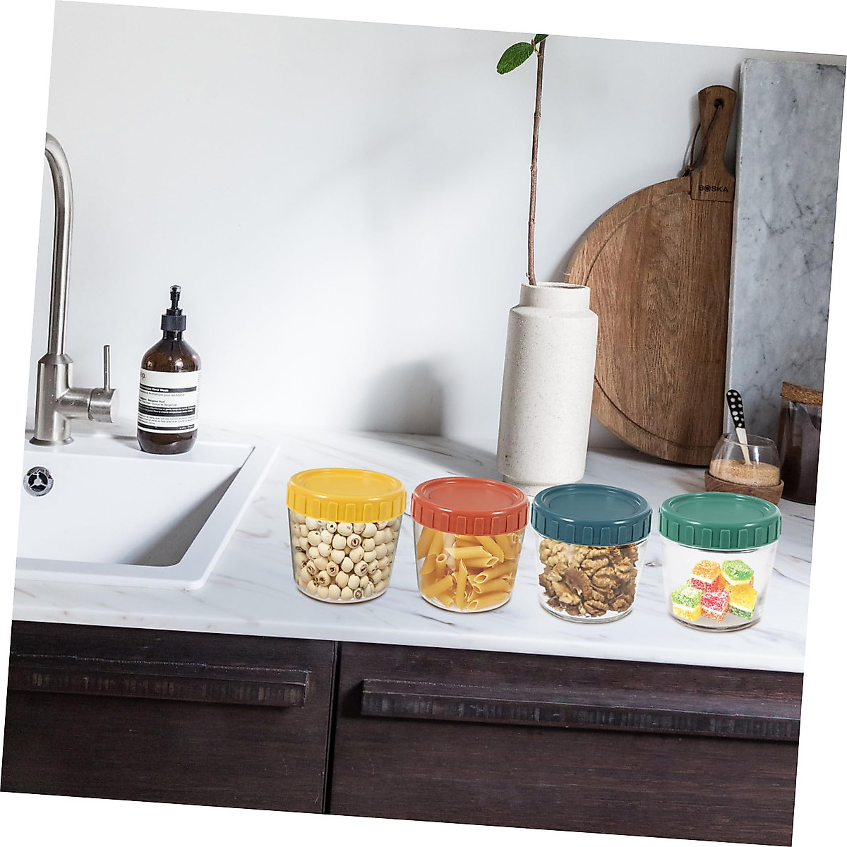 KICHOUSE 4Pcs Leakproof Glass Food Storage Containers with Lids Reusable Yogurt Cups Airtight Glass Jars for Snacks Meal Prep and Kitchen Organization