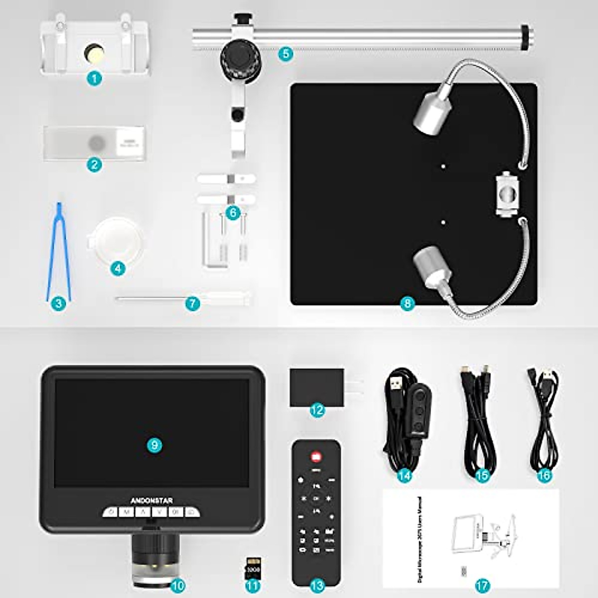 Andonstar AD207S Pro HDMI Digital Microscope, 2160P UHD Video Record, Soldering Microscope, Coin Microscope with 10 inch Stand for Full View, Bottom Light with Prepared Slides, Electronic Microscope