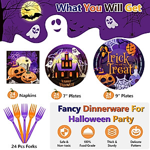 SCIONE 96 Pcs Halloween Party Supplies, Purple Halloween Plates and Napkins Trick Or Treat Tableware Set, Happy Halloween Holiday Pumpkin Ghost Dinnerware Party Decorations Serve 24 Guests