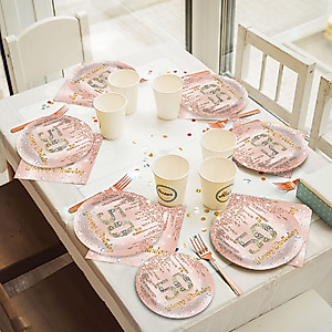 96 Pieces 50th Birthday Tableware Set for Pink Rose Gold 50th Birthday Table Decorations Supplies Pink Rose Gold Happy 50 Birthday Dessert Plates Napkins Forks for 24 Guests Women Birthday Supplies